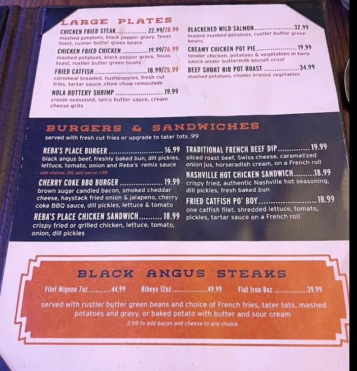 Reba's Place Restaurant Menu | Southern Comfort Food & Live Music in ...