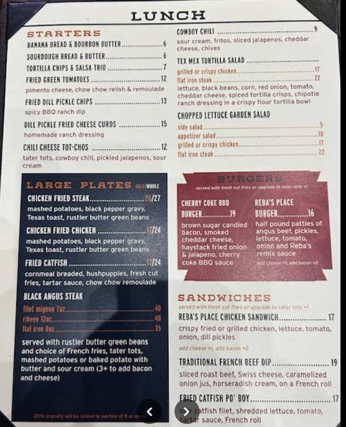 Reba's Place Restaurant Menu | Southern Comfort Food & Live Music in ...