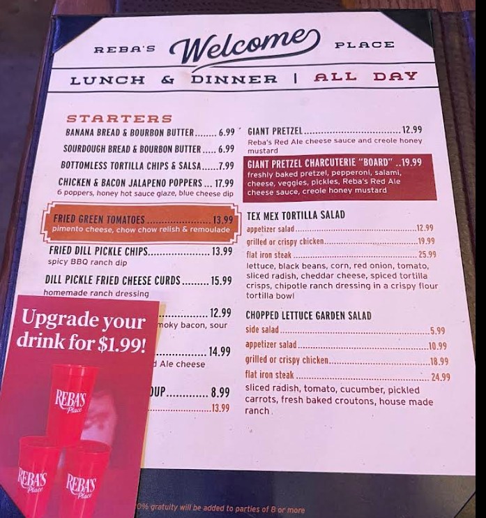 Reba's Place Restaurant Menu | Southern Comfort Food & Live Music in ...