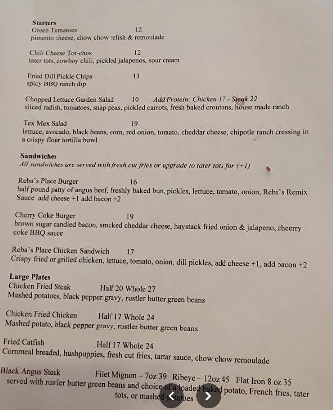 Reba's Place Restaurant Menu | Southern Comfort Food & Live Music in ...