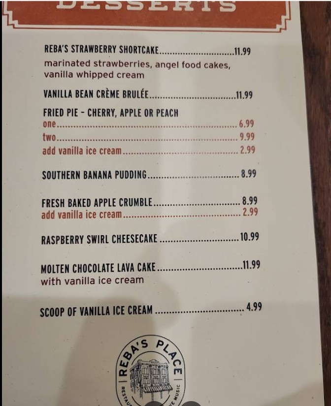 Reba's Place Restaurant Menu | Southern Comfort Food & Live Music in ...