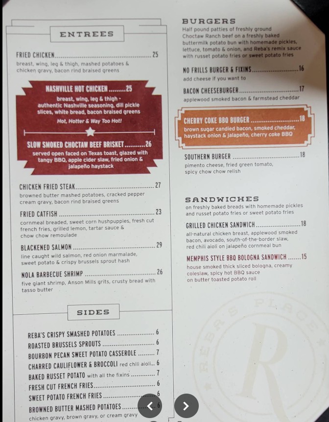 Reba's Place Restaurant Menu | Southern Comfort Food & Live Music in ...
